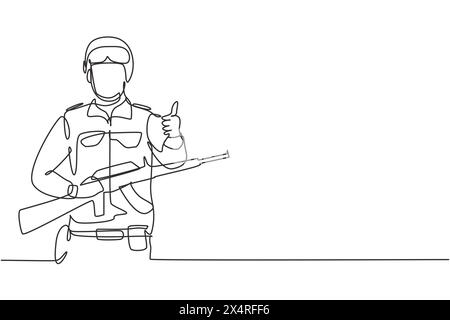 Continuous one line drawing Soldiers stand with weapons, full uniforms ...