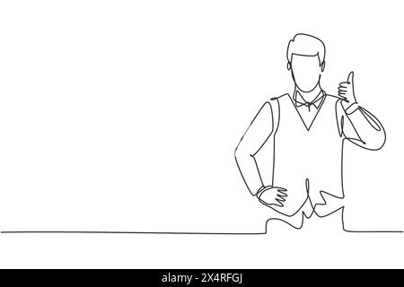 Continuous one line drawing steward with celebrate gesture ready to ...