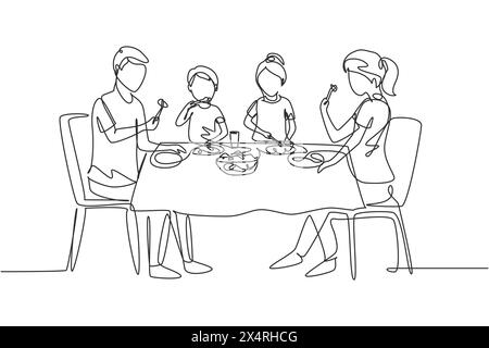 Continuous one line drawing diner parents and children together. Family ...