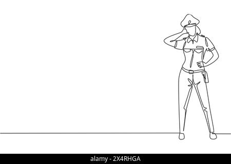 Single one line drawing policewoman with call me gesture and full ...