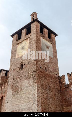 The northeast tower of Castelvecchio in Verona, Italy, a medieval fortress offering views of the ...