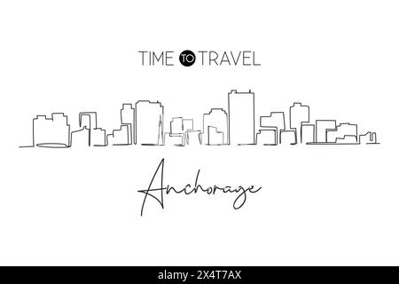 Continuous one line drawing Anchorage city skyline, Alaska. Historical ...