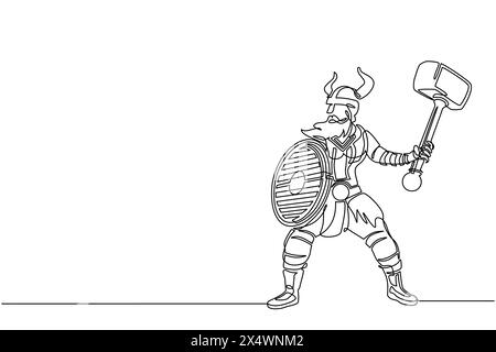Single continuous line drawing viking warrior mascot swinging mace ...