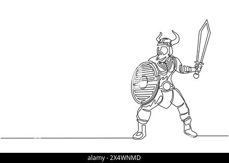 Single continuous line drawing viking warrior mascot swinging mace ...