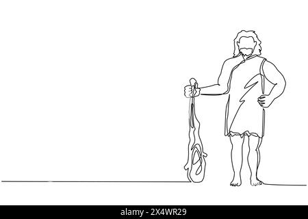 Single one line drawing caveman standing and holding stone axe ...