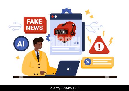 Stop fake news, AI technology control. Futuristic robot character and ...