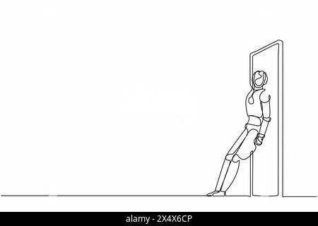 Continuous one line drawing of robotics standing on giant shield ...