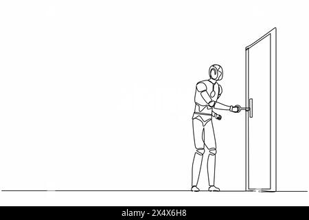 Continuous one line drawing robots standing and mark checklist with big pencil. Humanoid robot ...