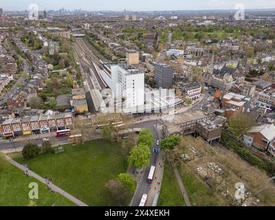 Aerial view of the main entrance to Ealing Broadway railway station ...