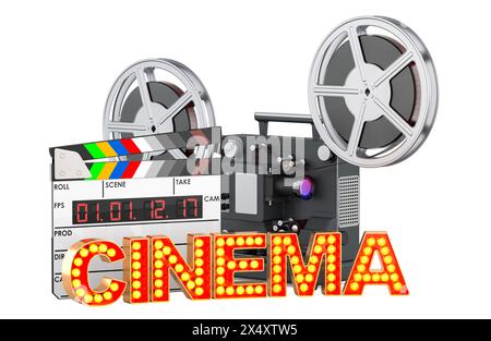 Cinema signboard from golden light bulb letters, retro glowing font. 3D ...