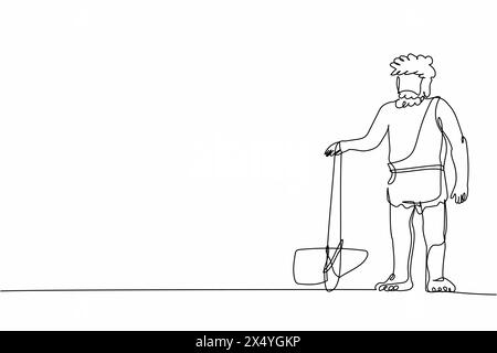 Single one line drawing caveman holding and raised stone axe overhead ...