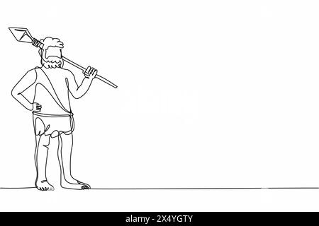 Single one line drawing caveman holding and raised stone axe overhead ...
