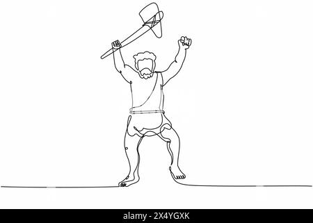 Single one line drawing caveman holding stone spear on shoulders ...