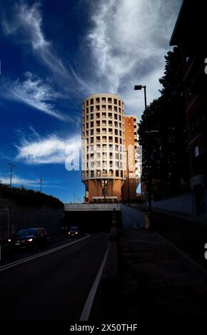 Modern cylindrical building captured at sunset Stock Photo - Alamy