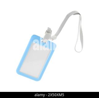 Blank light blue badge with string isolated on white Stock Photo - Alamy