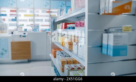 Modern Pharmacy Drugstore with Shelves full of Packages Full of Modern ...