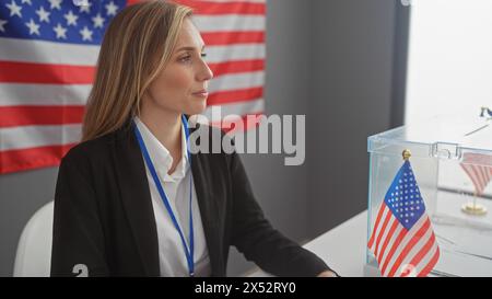 Young blonde woman at political election holding save out democracy ...