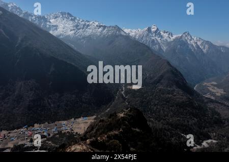 Aerial view of the Tibetan village of Ghunsa on the Kangchenjunga ...
