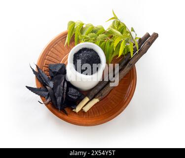 Neem Datun, black tooth powder with Neem leaves, Neem stick and roasted ...