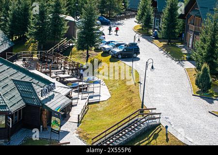 modern building complex in a mountainous area, a ski resort. Landscape ...