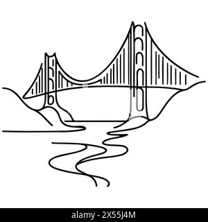 Giant bridge over river. Continuous one line of bridge drawing design ...