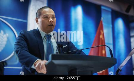 Portrait of Chinese Organization Representative Speaking at Press ...