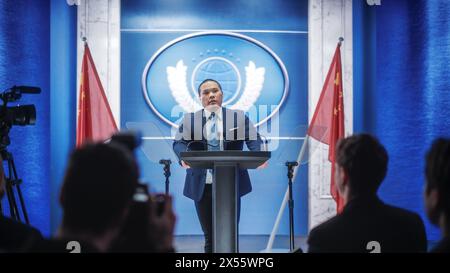 Chinese Organization Representative Speaking at Press Conference. Press ...