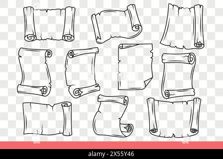 Antique and unfolded papyrus or scroll in cartoon style and outlines ...