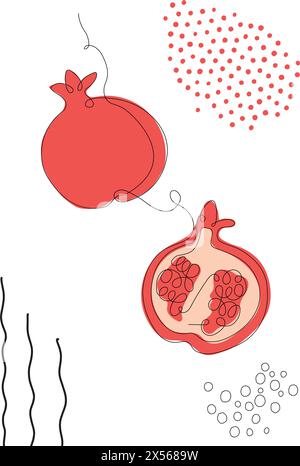 Pomegranate in continuous line art drawing style. Two Pomegranates ...