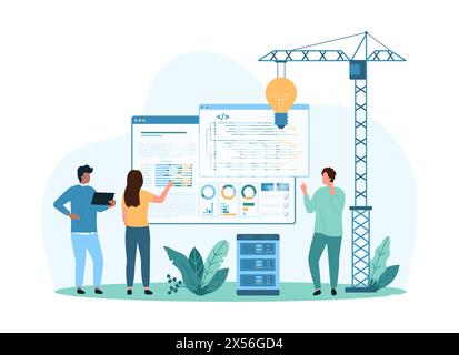 Creative solution or idea in coding. Tiny people develop software code, build program or mobile ...