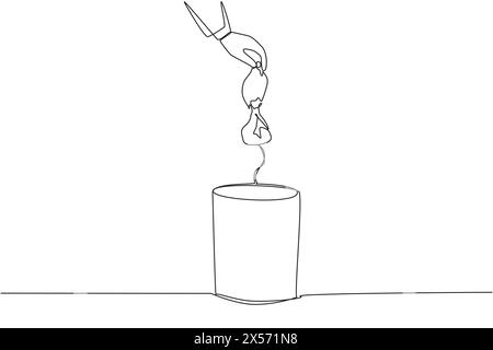 Continuous one line drawing businessman's hand throwing away torn money ...