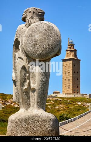 sculpture of Breogán and Tower of Hercules, A Coruña, Galicia ...