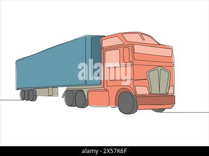 Continuous line drawing of modern trailer truck. Cargo delivery service ...