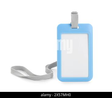 Blank light blue badge with string isolated on white Stock Photo - Alamy