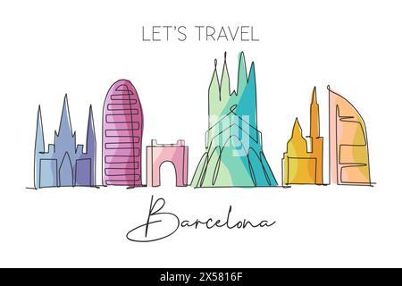 One continuous line drawing of Barcelona city skyline, Spain. Beautiful ...