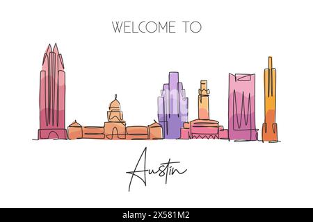 One single line drawing of Austin city skyline, United States ...