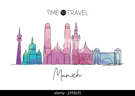 Single continuous line drawing of Munich city skyline. Famous Munchen ...