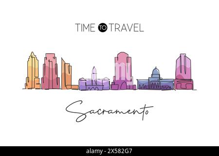 Single continuous line drawing of Sacramento city skyline US. Famous ...