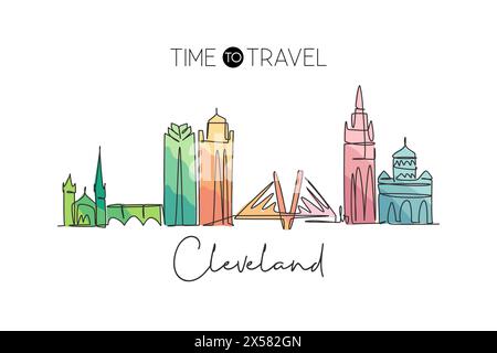 One single line drawing of Cleveland city skyline, USA. Historical town ...
