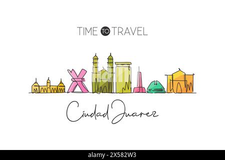 Single continuous line drawing of Ciudad Juarez skyline, . Famous city ...