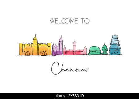 One continuous line drawing of Chennai city skyline, India. Beautiful ...