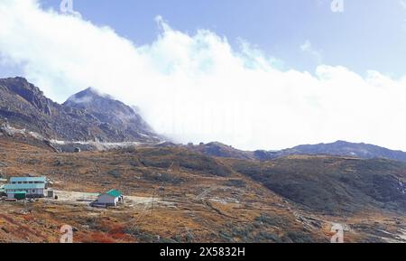 cloudy alpine landscape of nathang valley, high himalaya region of east ...