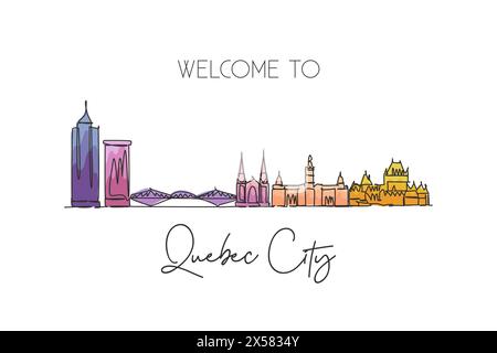 Single continuous line drawing Quebec skyline, Canada. Famous city ...