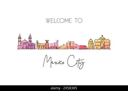 Single continuous line drawing Mexico skyline, Mexico. Famous city ...