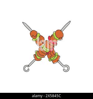 Single continuous line drawing doner kebab on pole. Arabic cuisine fast ...
