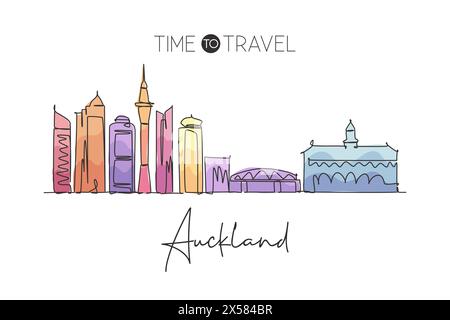 Single continuous line drawing Auckland skyline, New Zealand. Famous ...