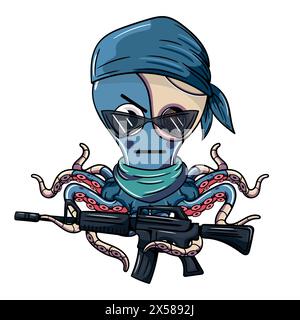 Cartoon military soldier cyborg octopus character smoking a pipe with ...