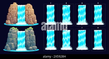Water cascade waterfall sprite sheet animation. Cartoon vector falling ...