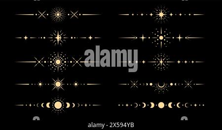 Set celestial frames, borders line art esoteric minimal decoration with sparkles isolated on ...