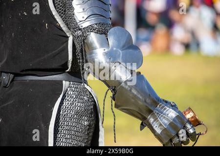 Elements of medieval iron knight armor for battle, helmet, spaulders ...
